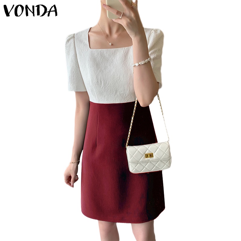 VONDA Women Korean Girls Square Neck Short Sleeves Collision Color ...