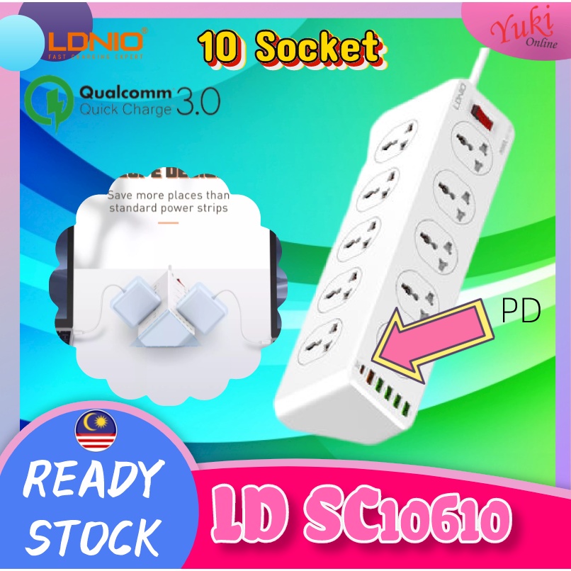 LDNIO SC10610 2500W 10 Sockets + Type-C PD + QC3.0 6 USB Ports Desktop ...