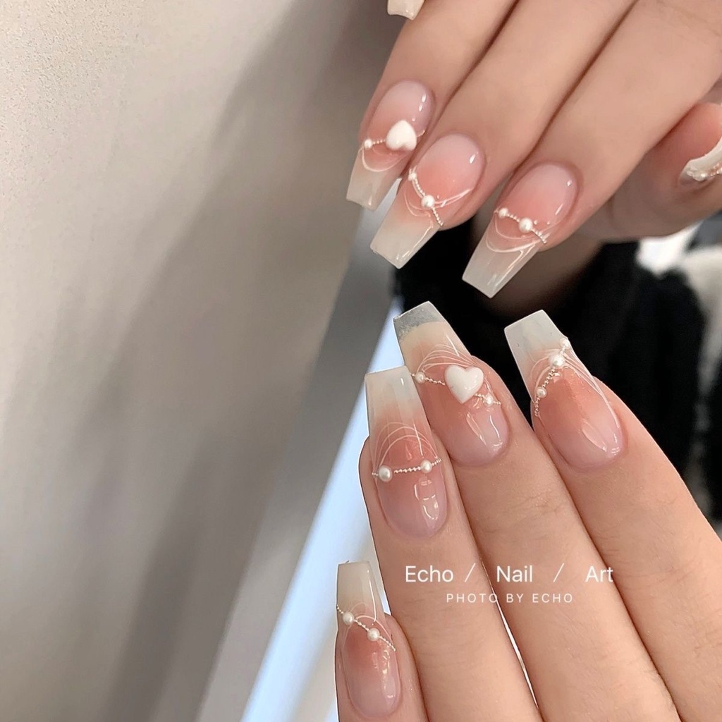 Pink Swoosh Hand Wear Nail Ins Style Pearl Love Blush Nail Cute Love ...