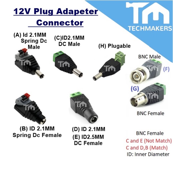12V DC/ BNC Connector Male/ Female Plug Jack Adapter with Crew/ Spring ...
