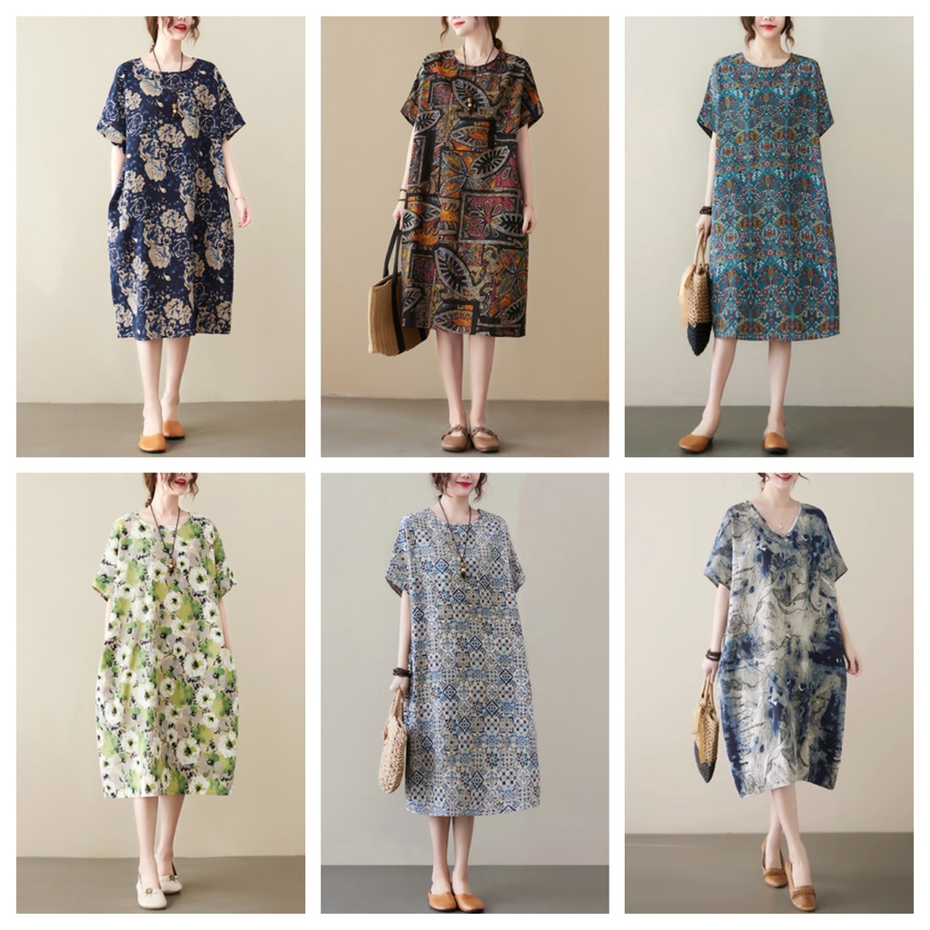 Casual Plus Size Kaftan Batik Dress Women's Summer Cotton Linen Loose ...