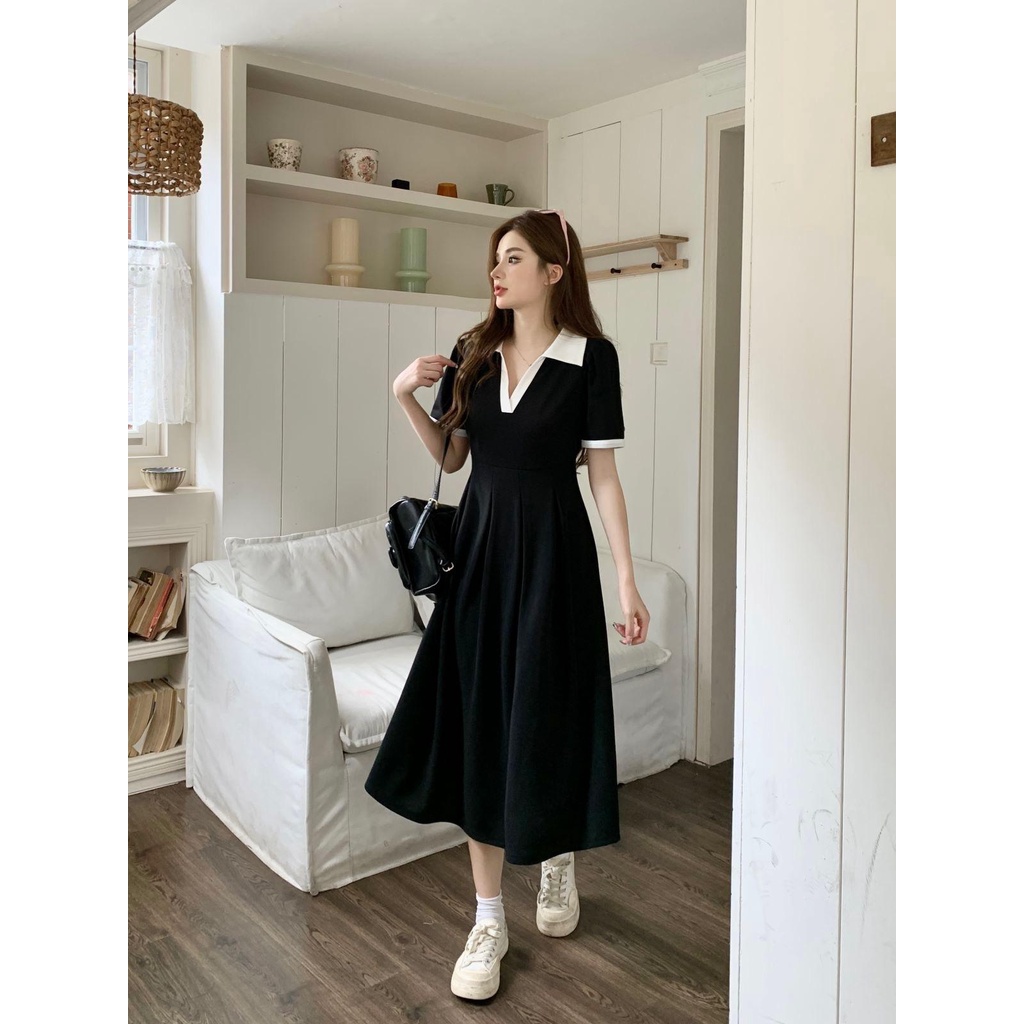 Women's big-size ribbed elastic design dress with long polo neck over ...