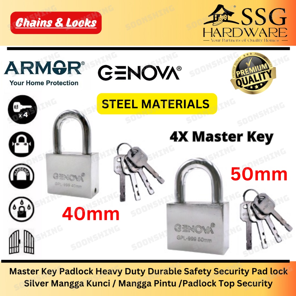 Master Key Padlock Heavy Duty Durable Safety Security Pad lock Silver ...
