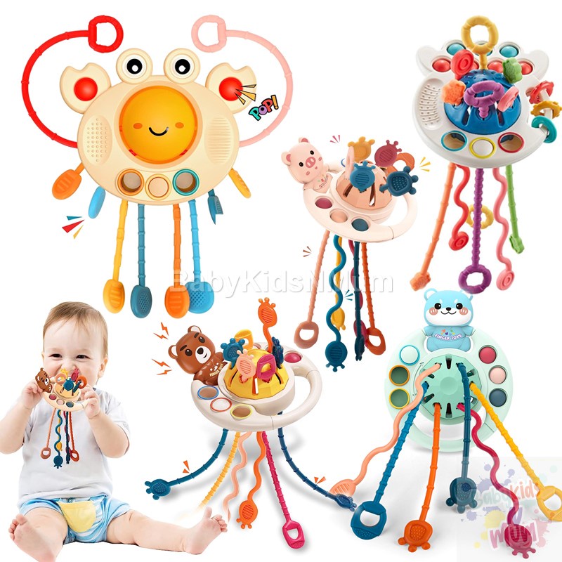Baby Pull String Sensory Toys 3 In 1 Rattle Teething Silicon Pull ...