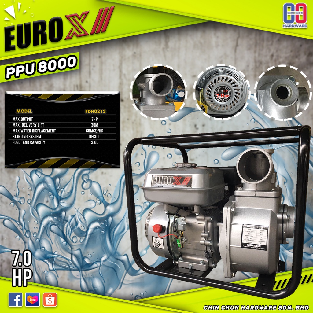EURO X EUROPOWER PPU8000 7HP GASOLINE WATER PUMP 4-STROKE|WATER PUMP ...