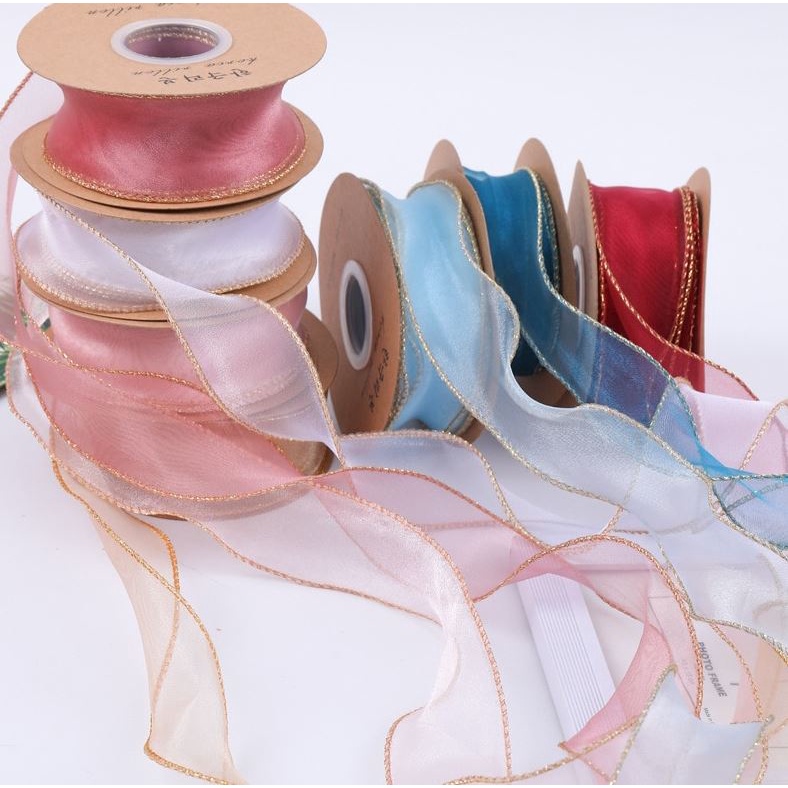1yard 4cm Sheer Wired Organza Ribbons with Golden Edge Chiffon Ribbon ...