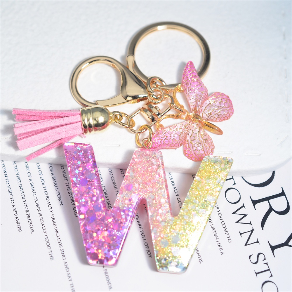 Fashion Pink Tassel 26Letters Keychain Colorful Filling Glitter Sequins ...