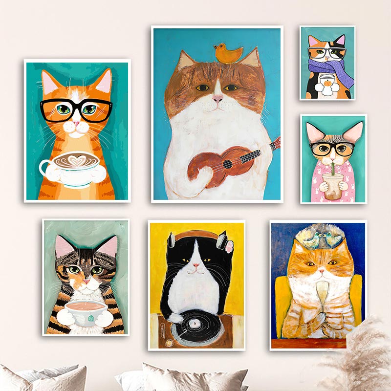 Cartoon Cat Posters vintage animal Canvas Oil Painting Living Room Wall ...