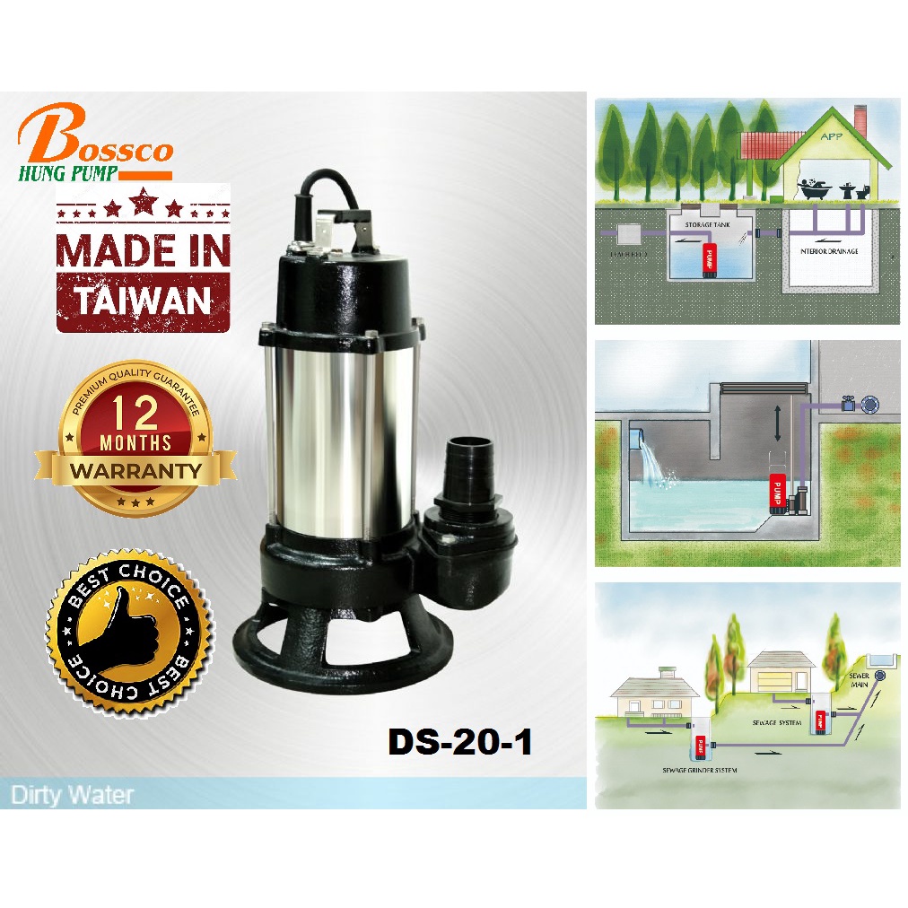 Bossco DS 2.0Hp (3-in / 80mm) 700L/min Flow Sewage Submersible Pump ...