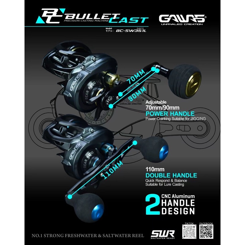 GAWAS BULLET CAST BC-SW 351L CASTING JIGGING FISHING REEL OVERHEAD ...