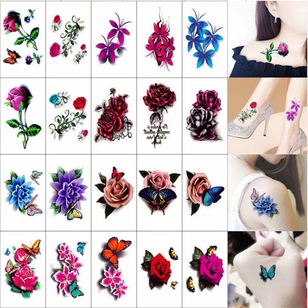 Hottie girls 3D rose flower butterfly Waterproof Temporary Tattoo ...