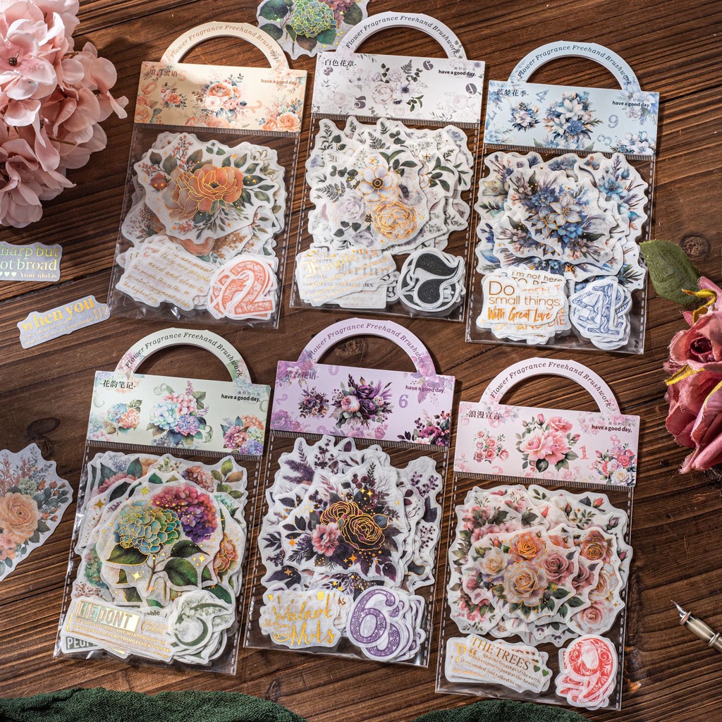 ENWEI 50 Pcs [Floral Freehand Series] Aesthetics Journal Stickers Washi ...