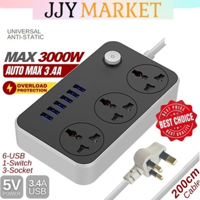 Warranty】🔥Power Socket (3.1A) Fast Charging 6 USB Extension 3 Socket ...