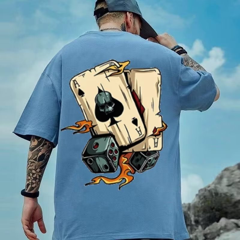 【M-8XL】American style Vintage Playing Card Dice Print Cotton Men T ...