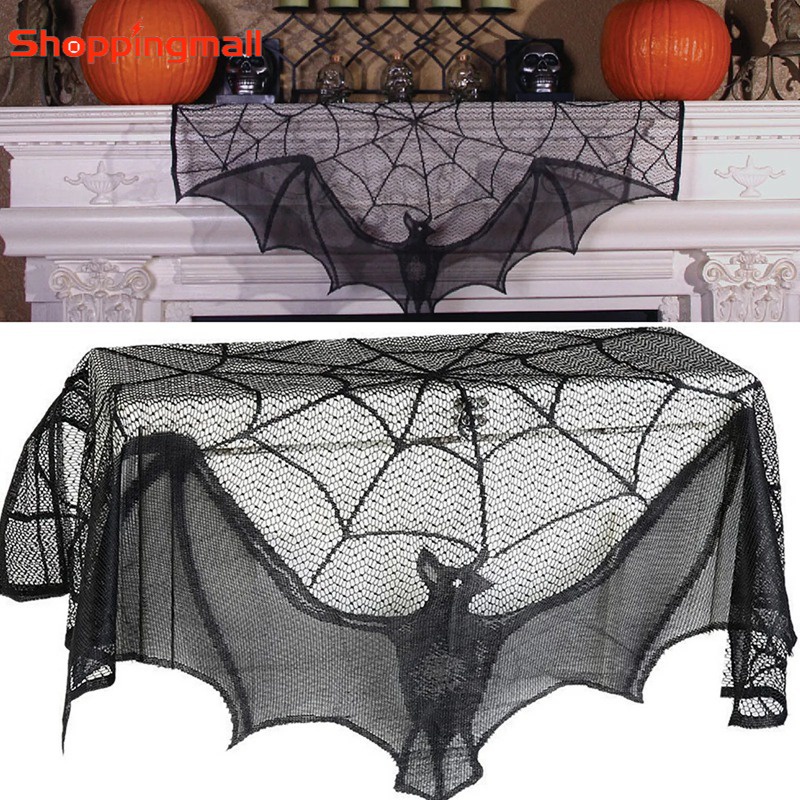 Halloween Bat Table Runner Black Spider Web Lace Tablecloth Fireplace ...