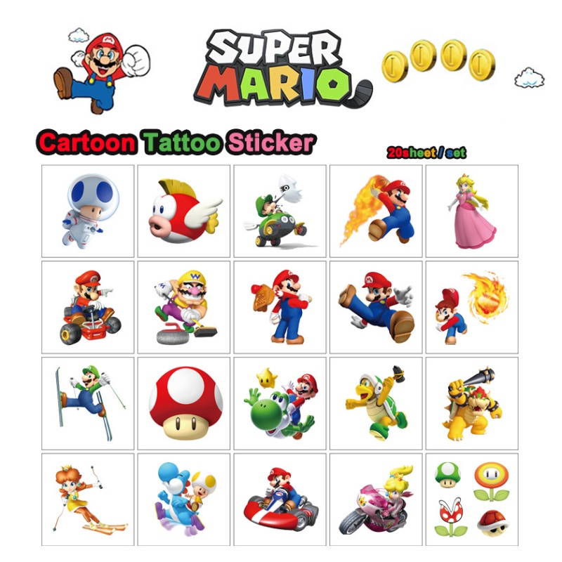 20 Pieces/set Cartoon Super Mario Game Tattoo Stickers Water Transfer ...