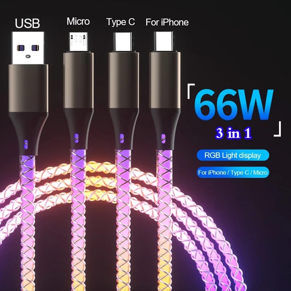 New Arrive 3 In 1 LED Flowing Light USB Cable 1.2M Fast Charging Car ...