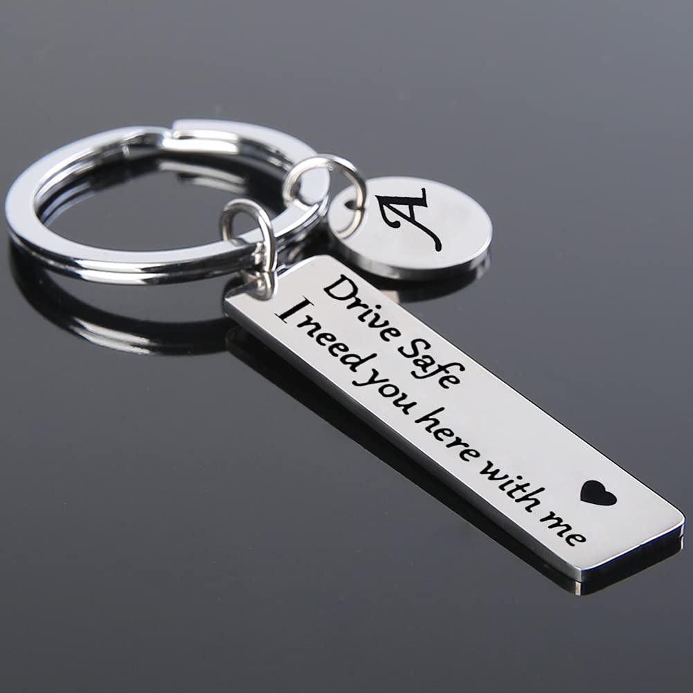 Drive Safe Keychains A-Z Initials Letters Men Women Stainless Steel Key ...