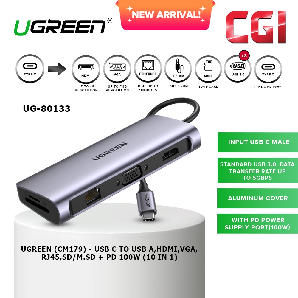 Ugreen 80133 PD 10-In-1 USB C Gigabit Ethernet Hub (100W) CM179 ...