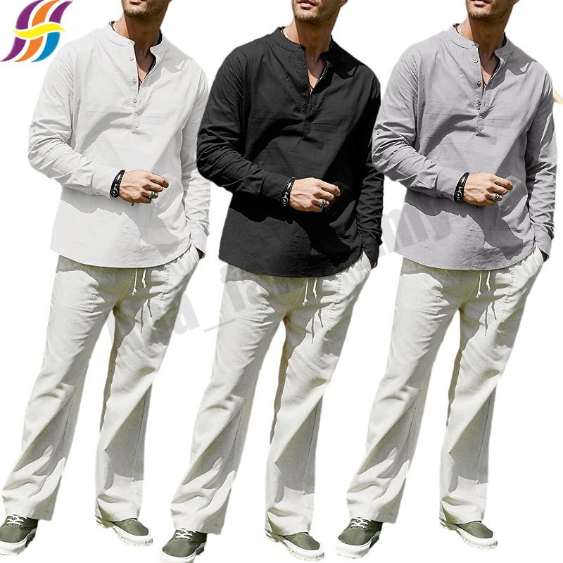 raya 2024 Men's 2 Pieces Outfits Men's Cotton Linen Henley Shirts Long ...