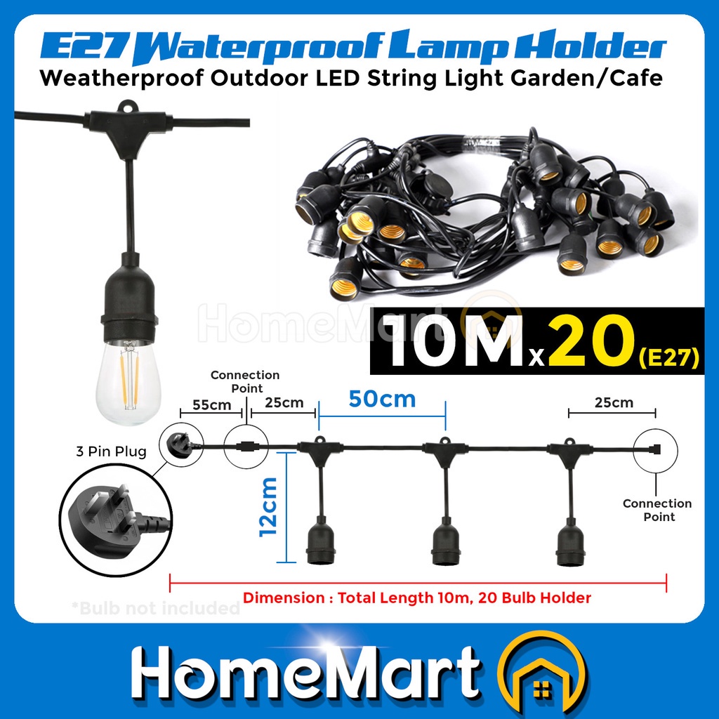 Waterproof Lamp Holder Outdoor LED String Light 10MTR E27 Cafe Garden ...