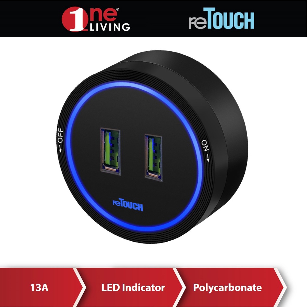 Retouch Switch 2.4A Double USB Track Socket Adaptor C/W Black-Blue LED ...