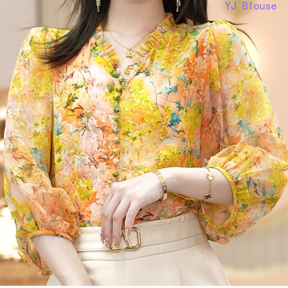 Floral Printed Blouse Plus Size Women's Summer Fashion All-match V-neck ...