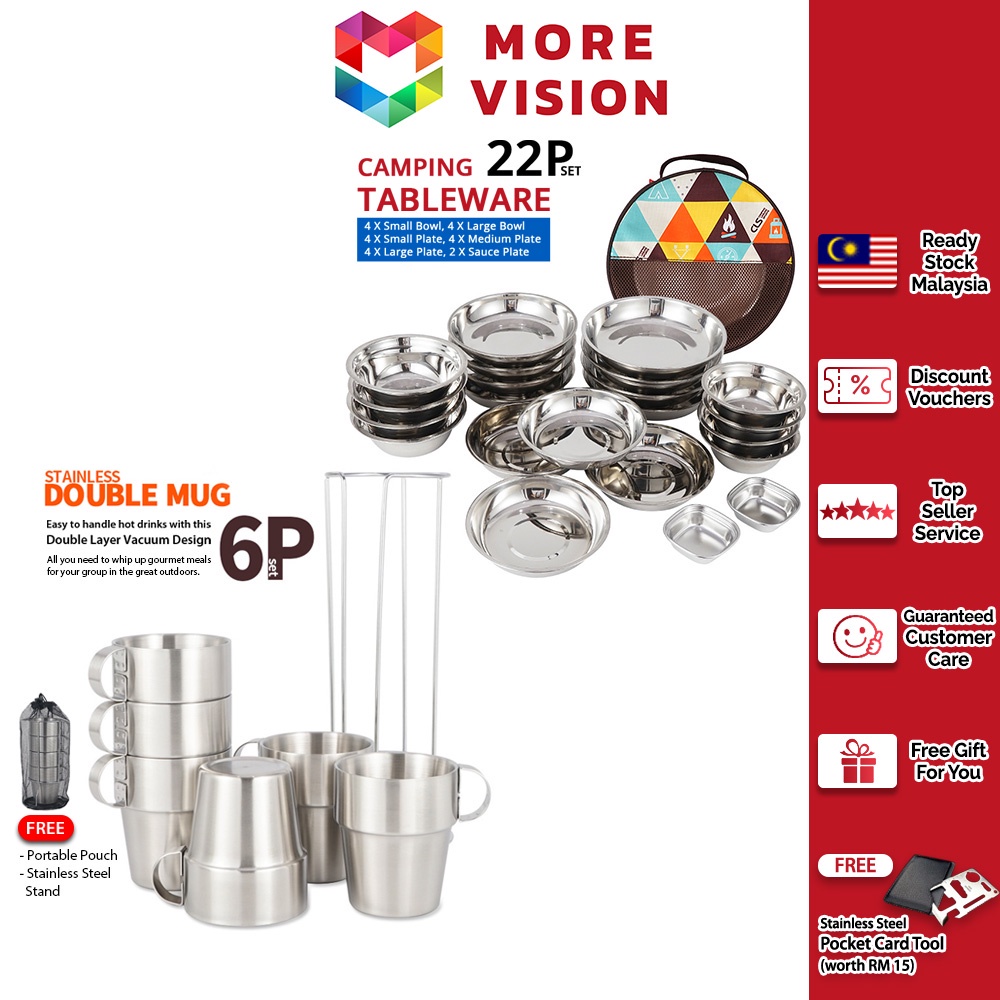 CLS Tableware 17/22Pcs + Double Layer Mug Set Stainless Steel Plate ...
