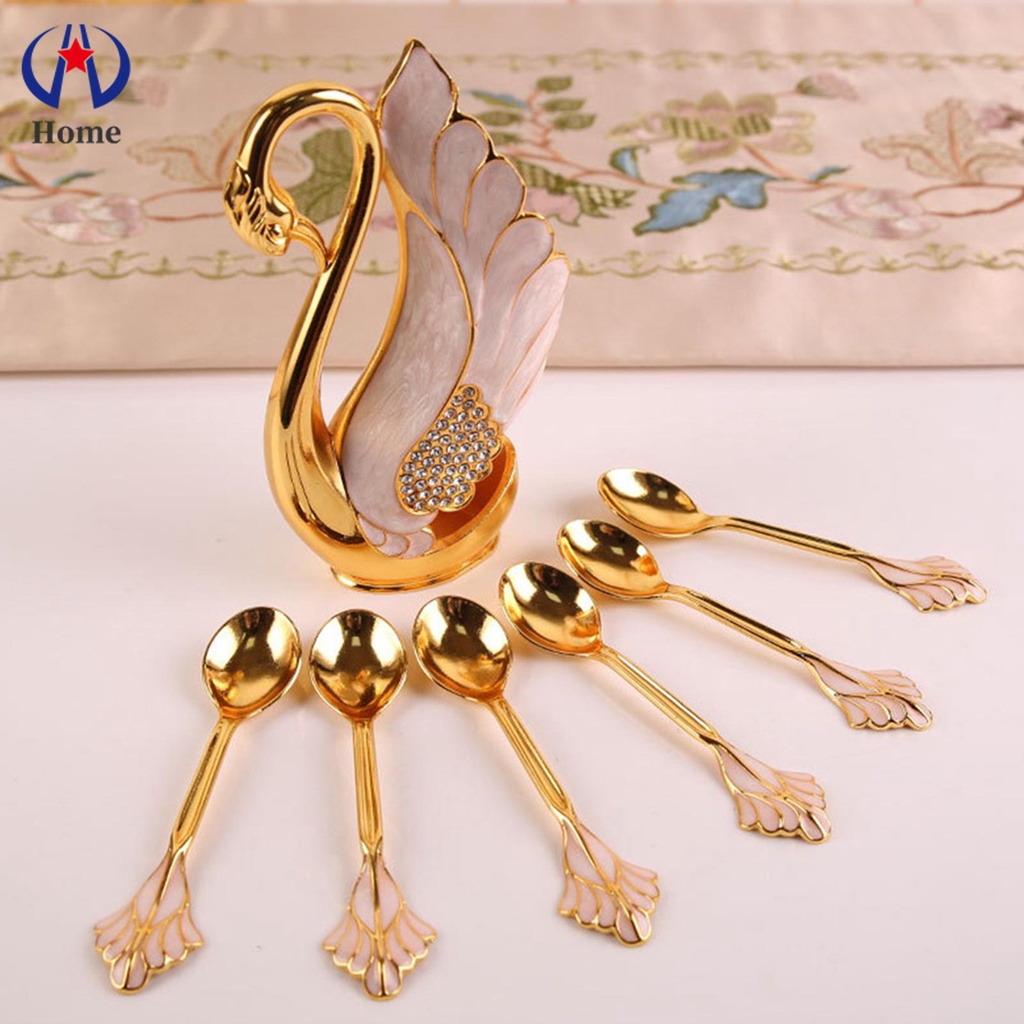 6Pcs Coffee Spoon Set with 1 Swan Shape Base Holder Zinc Alloy Swan ...