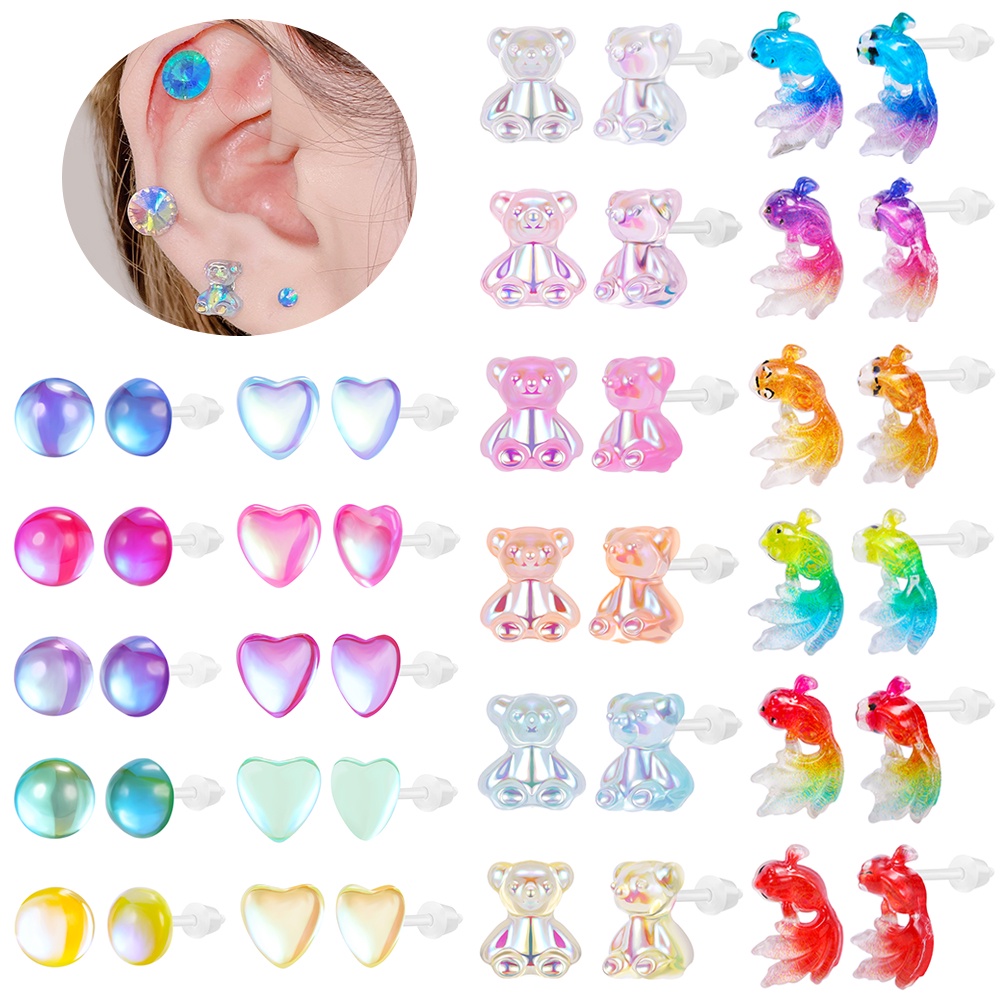 1 Pair Invisible Resin Little Bear Stud Earrings Colorful Love Jelly ...