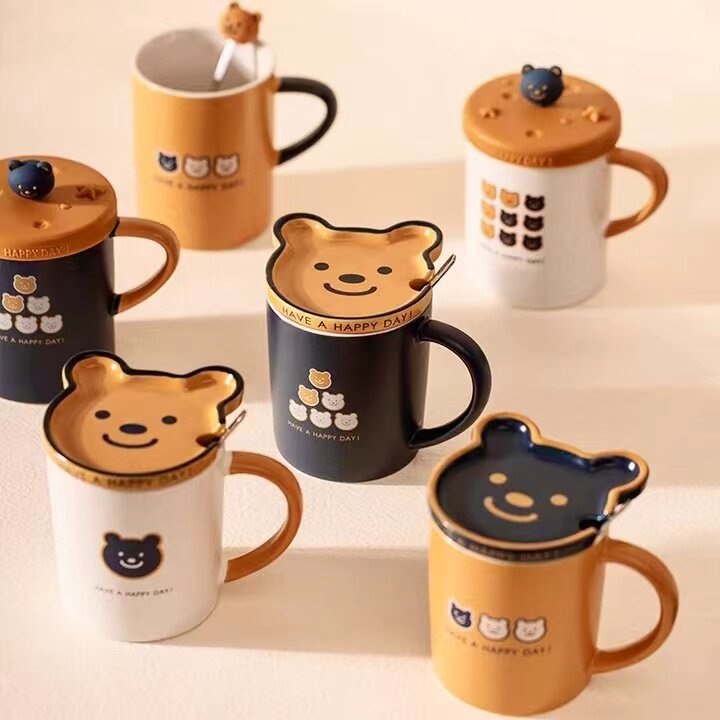 READY STOCK 3in1 Cute Ceramic Coffee Bear Mug Cup with lid spoon Cawan ...
