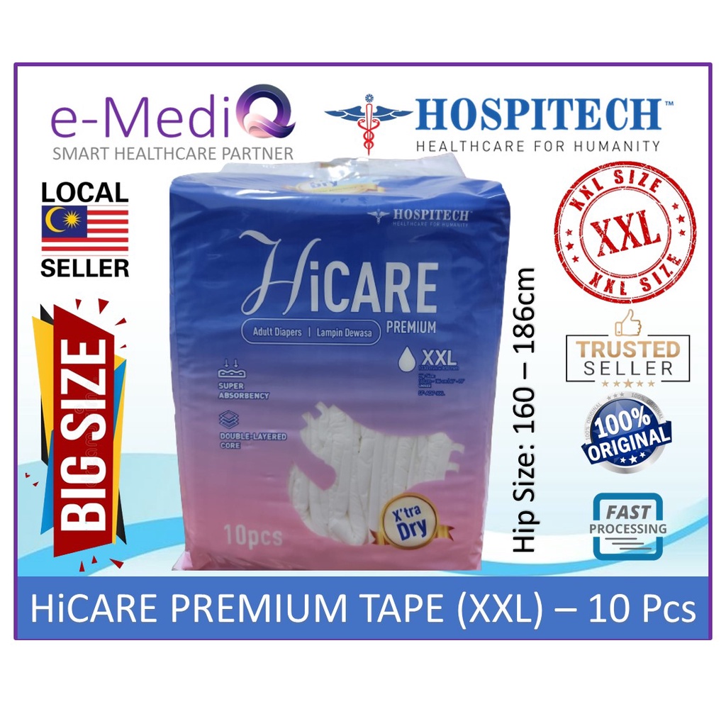 HiCARE Adult Premium Tape Diapers/ Lampin Dewasa (Size: XXL) 10pcs Per Bag (Unisex) [Exp: Nov/25 ...