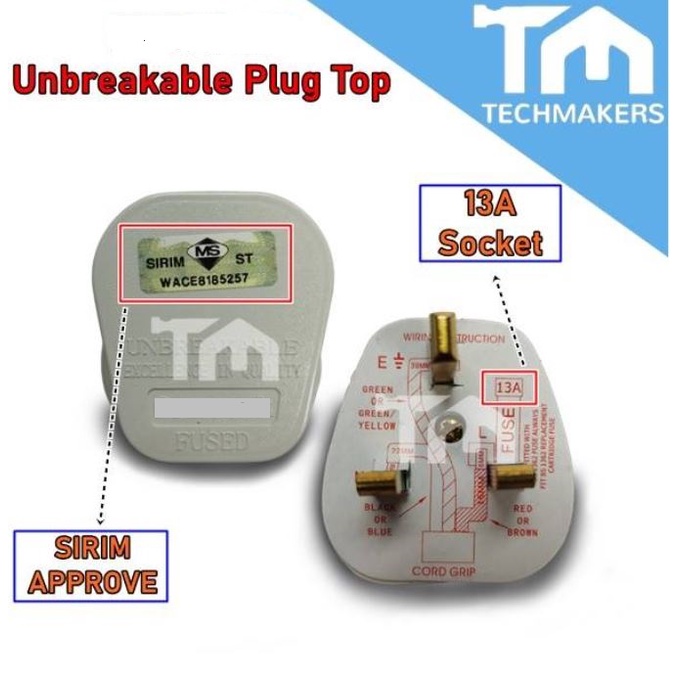 1pcs Unbreakable Plug Top 13A (SIRIM APPROVE) 3-Pin Plug Top Fused ...