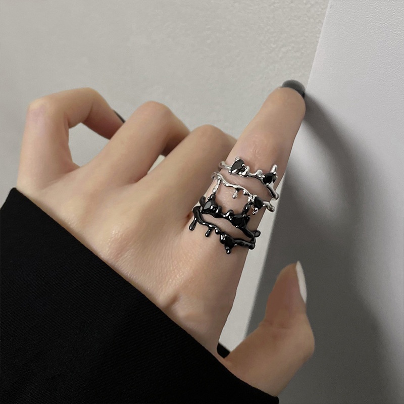 Silver Micro -inlaid Diamond Black Flower Branch Ring Men and Women Exquisite and Versatile ...