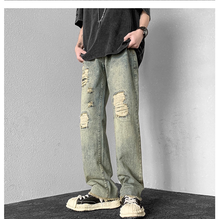 ( S~3XL ) Dark Icon Unlock Hemline Ripped Straight Men's Jeans Vintage ...