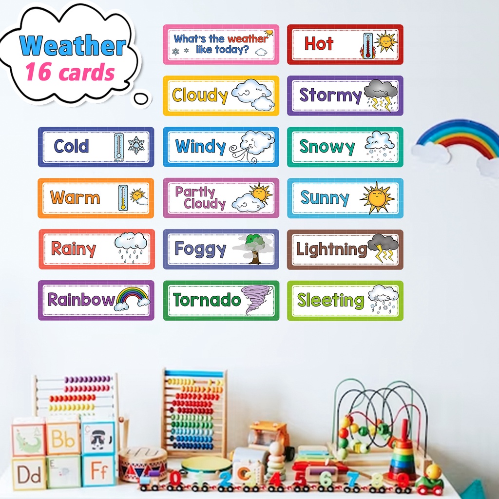 16Pcs Weather Flashcards Montessori English Words Learning Cards Kids ...