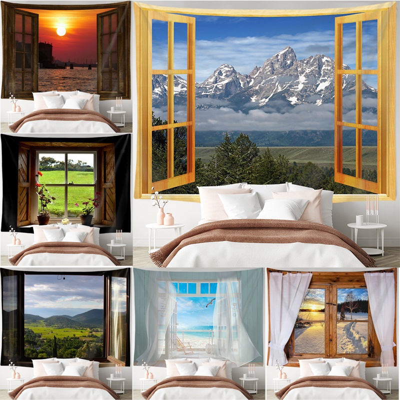 3D Window Scenery Wall Tapestry with Clips Beautiful Window View ...