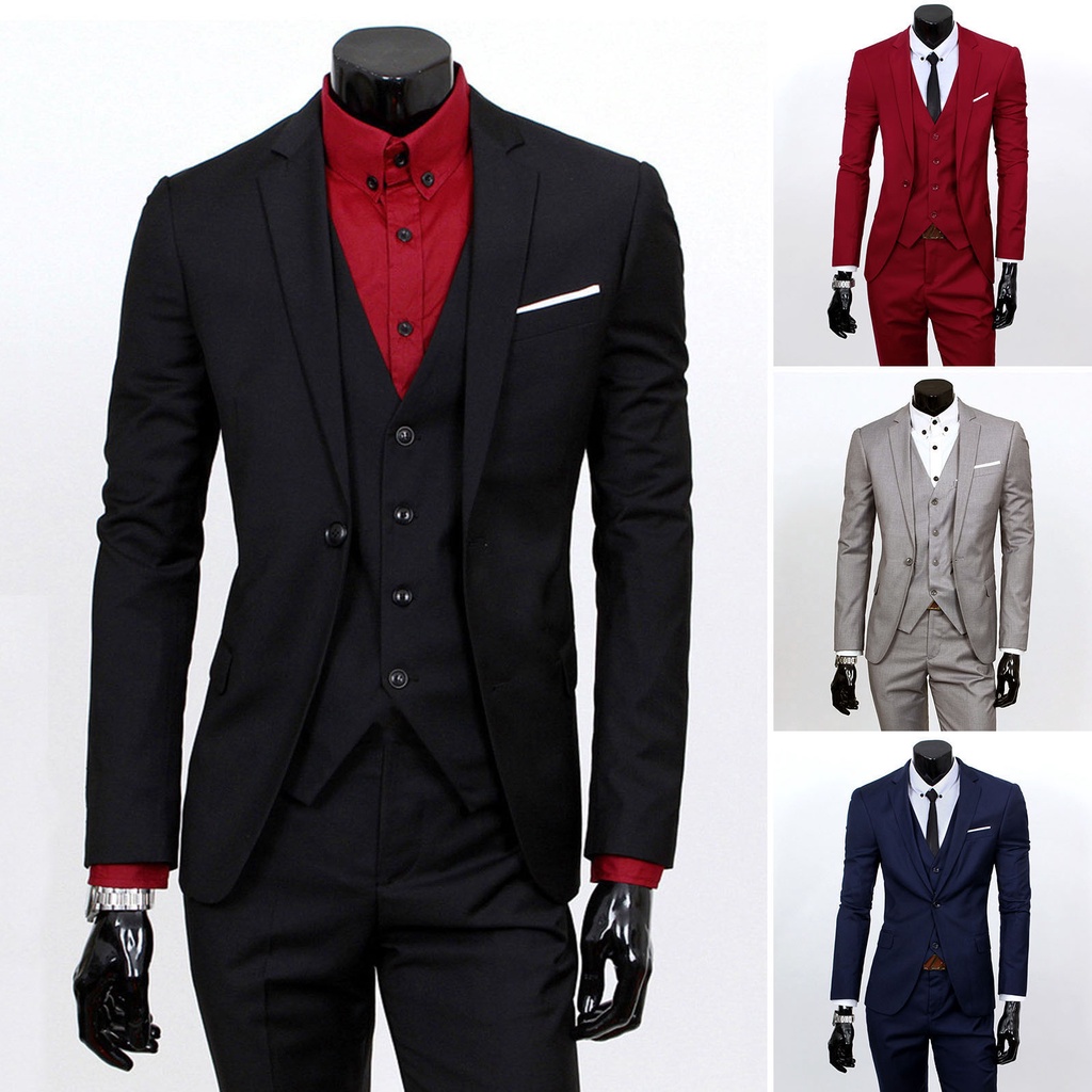 MSP_ 3 Pcs/Set Business Suit 3 Piece Set Slim Fit Zipper Solid Color ...