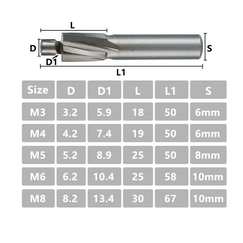 (Pro-Truman) 5pcs M3-M8 Counterbore End Mill Pilot Milling Cutter ...