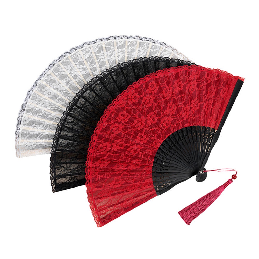Vintage Folding Bamboo Ladies Hand Fans Crafts Lace Folding Fold Black ...