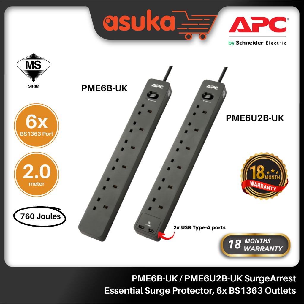 APC PME6B-UK SurgeArrest Essential Surge Protector, 6x BS1363 Outlets ...