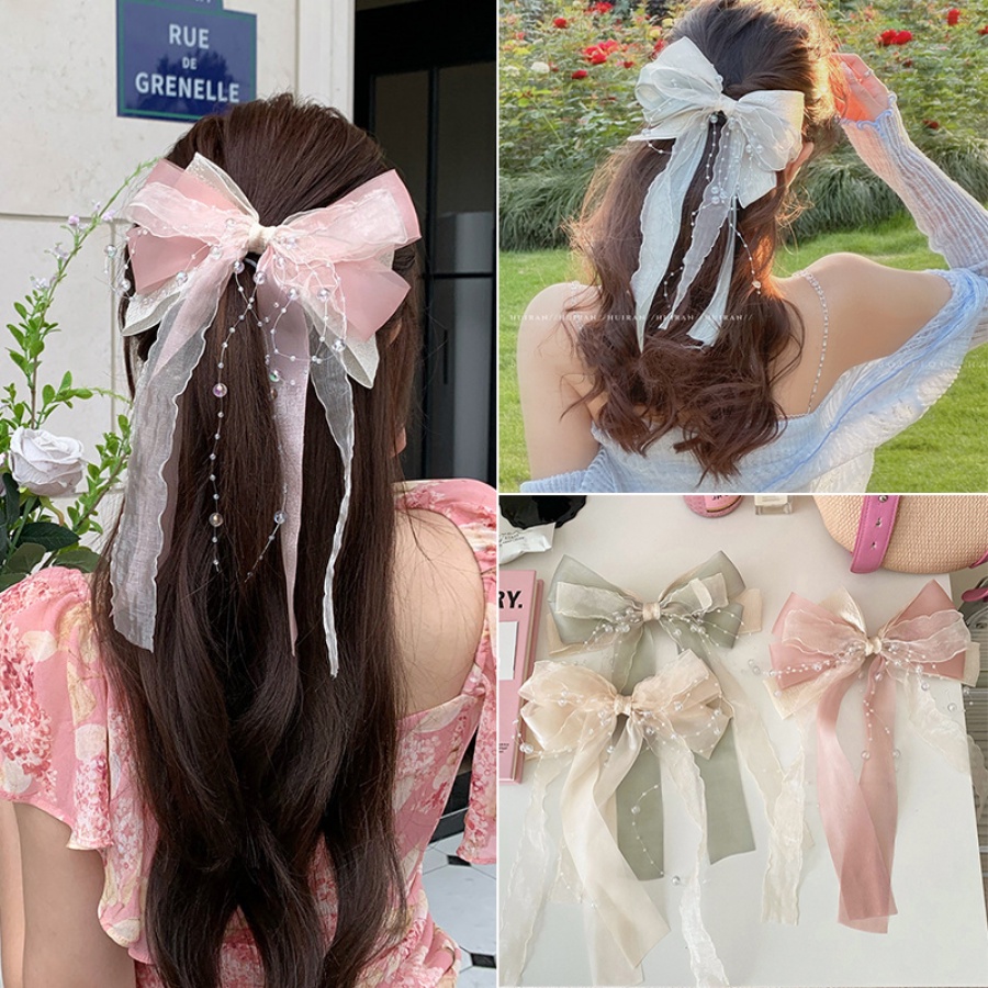 Korean Sweet Bow Knot Hair Clip Pearl Tassel Ribbon Hairpin Woman ...