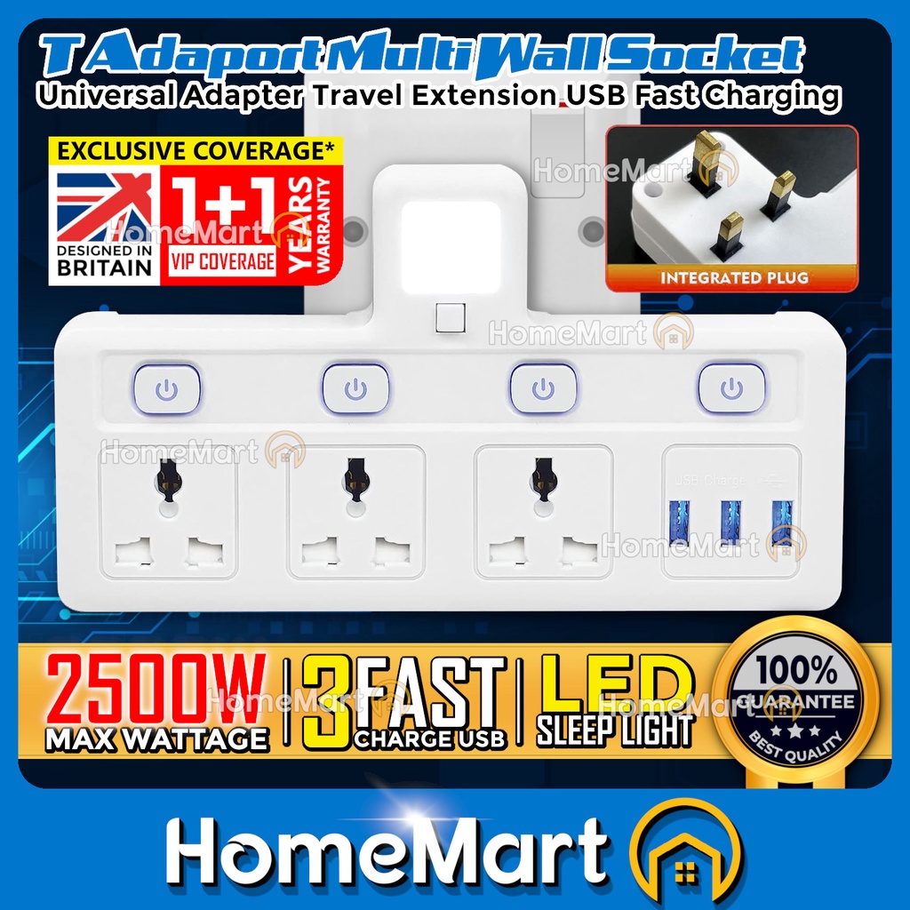 Universal Outlet Adaport T Way Multi Adaptor 3 pin USB Wall Extension ...