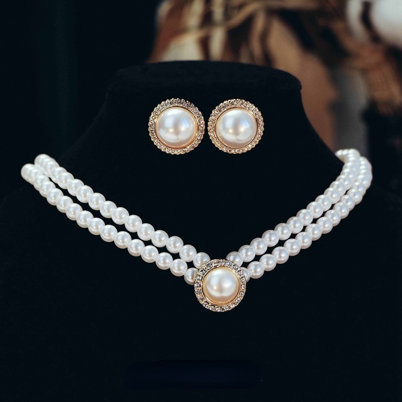Double Layer Pearl Necklace Earrings Set Bridal Wedding Dress Necklace ...