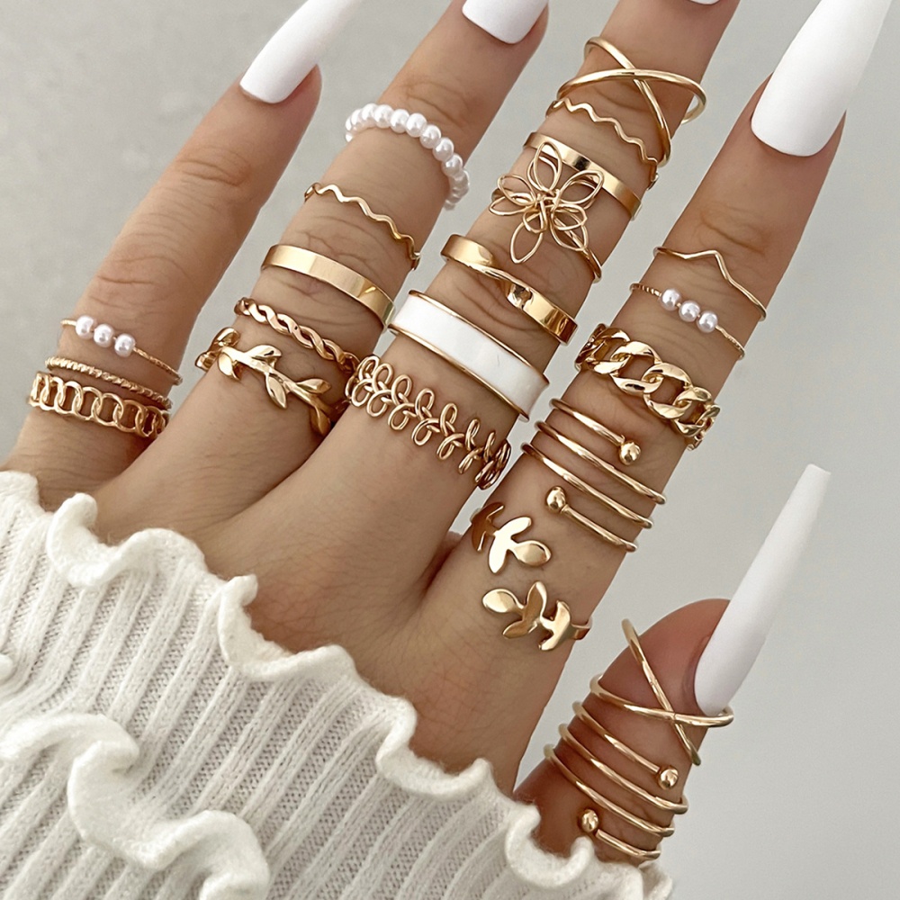 1 Set Fashion Flower Pearl Rings for Women Trendy Geometric Metal Chain ...