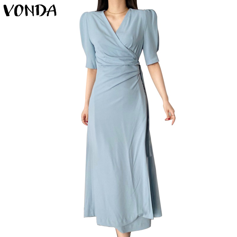 VONDA Women Korean Daily Puff Sleeves Short Sleeves V-Neck H Line ...