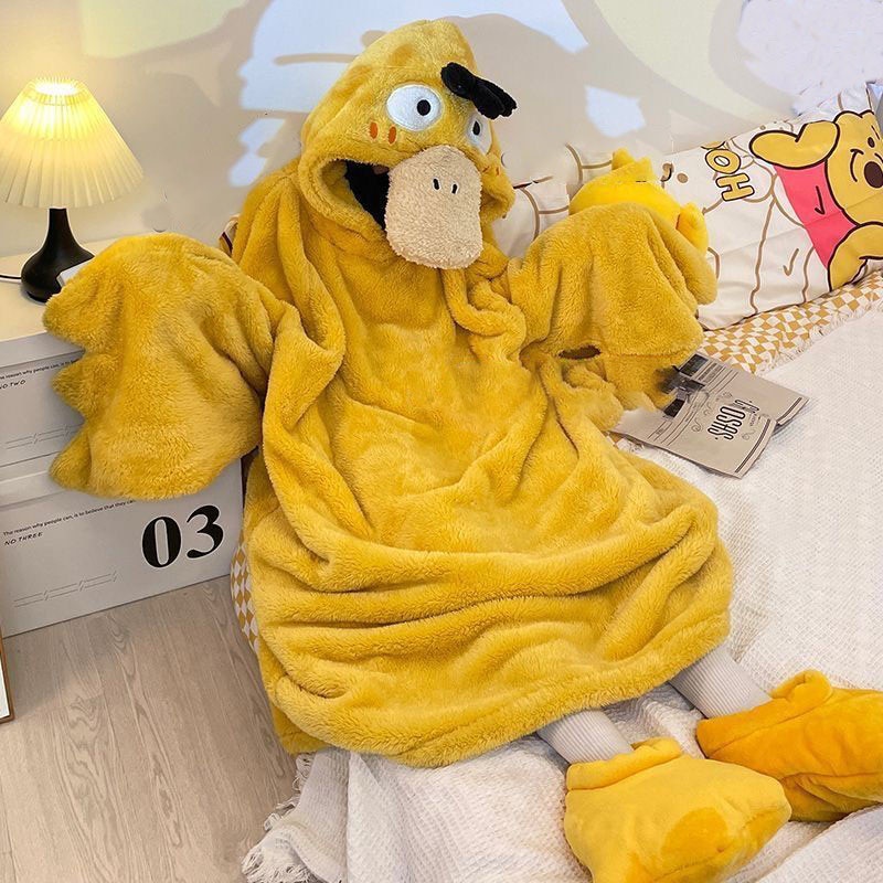 Pokemon Psyduck Pajama Girl Cute Funny Duck Thick Coral Plush Sleepwear ...