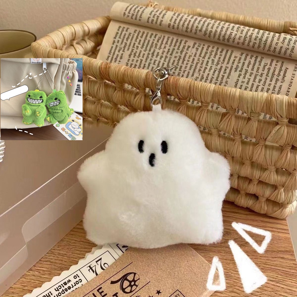 Cute White Little Ghost Green Little Dinosaur Keychain Creative Doll ...