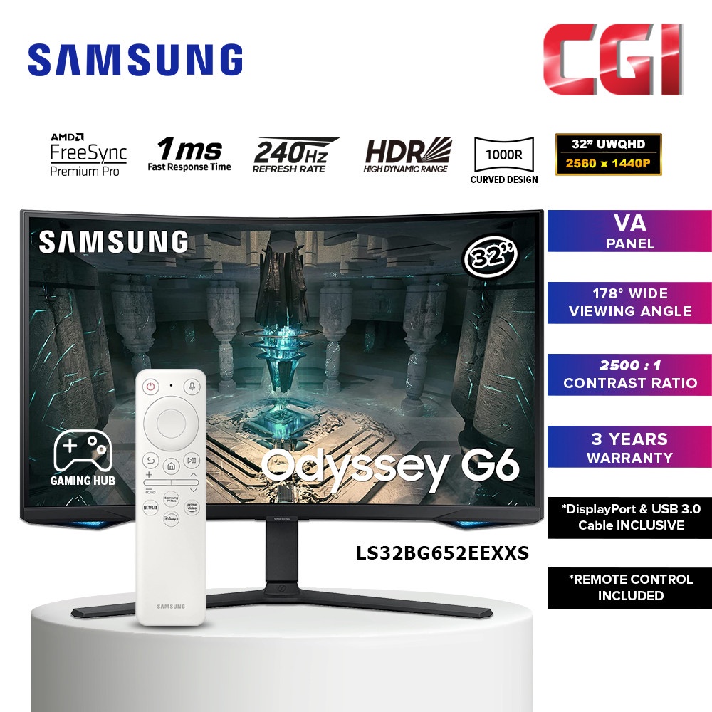 Samsung 32" Odyssey G65B VA QHD 240Hz 1ms Freesync HDR10+ Gaming Hub Curved Gaming Monitor ...