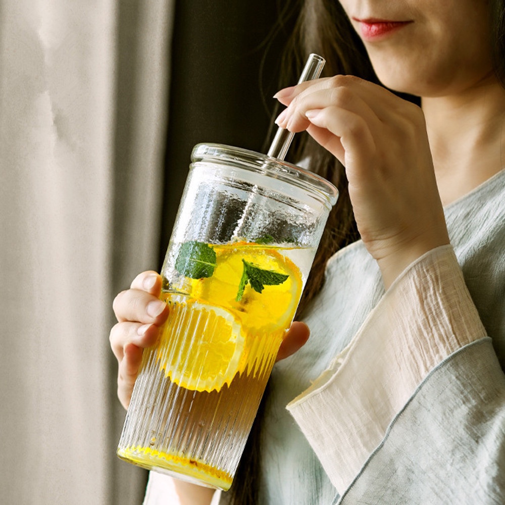 600ML Ribbed Glass cups with Lids and Glass Straws Fluted Vintage ...